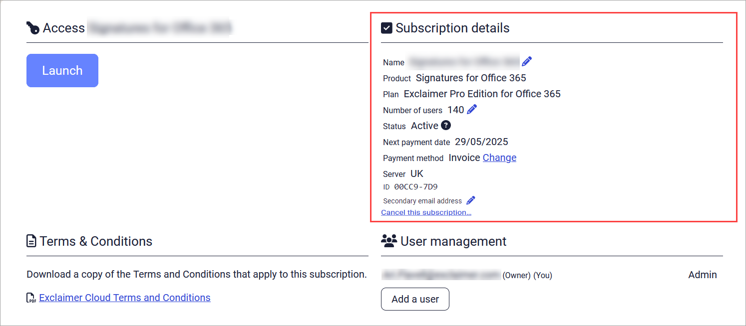 Subscription details – Exclaimer Knowledge Base